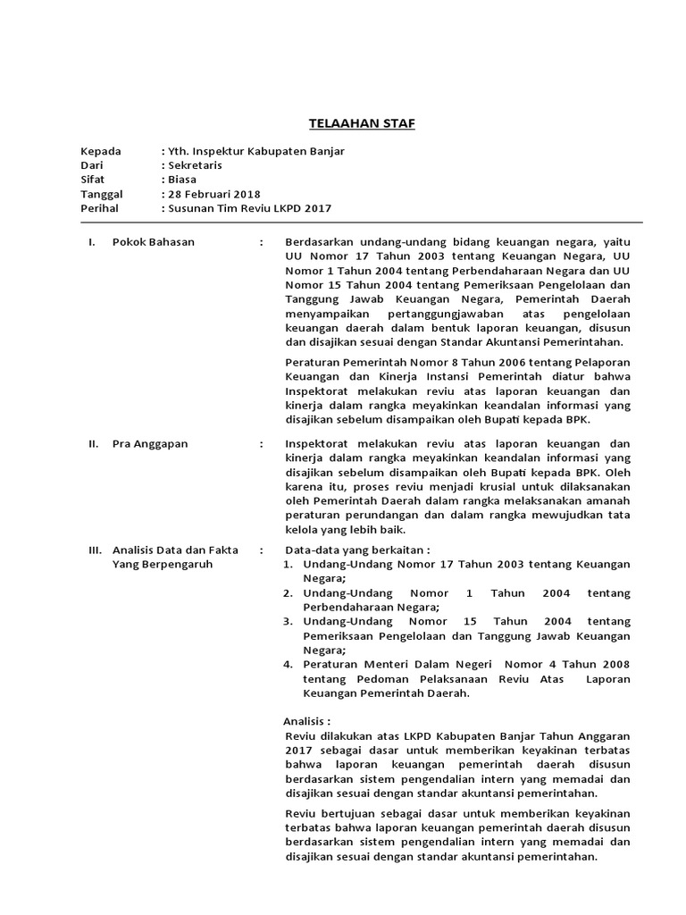 Telaahan Staf Reviu LKPD 2017 | PDF