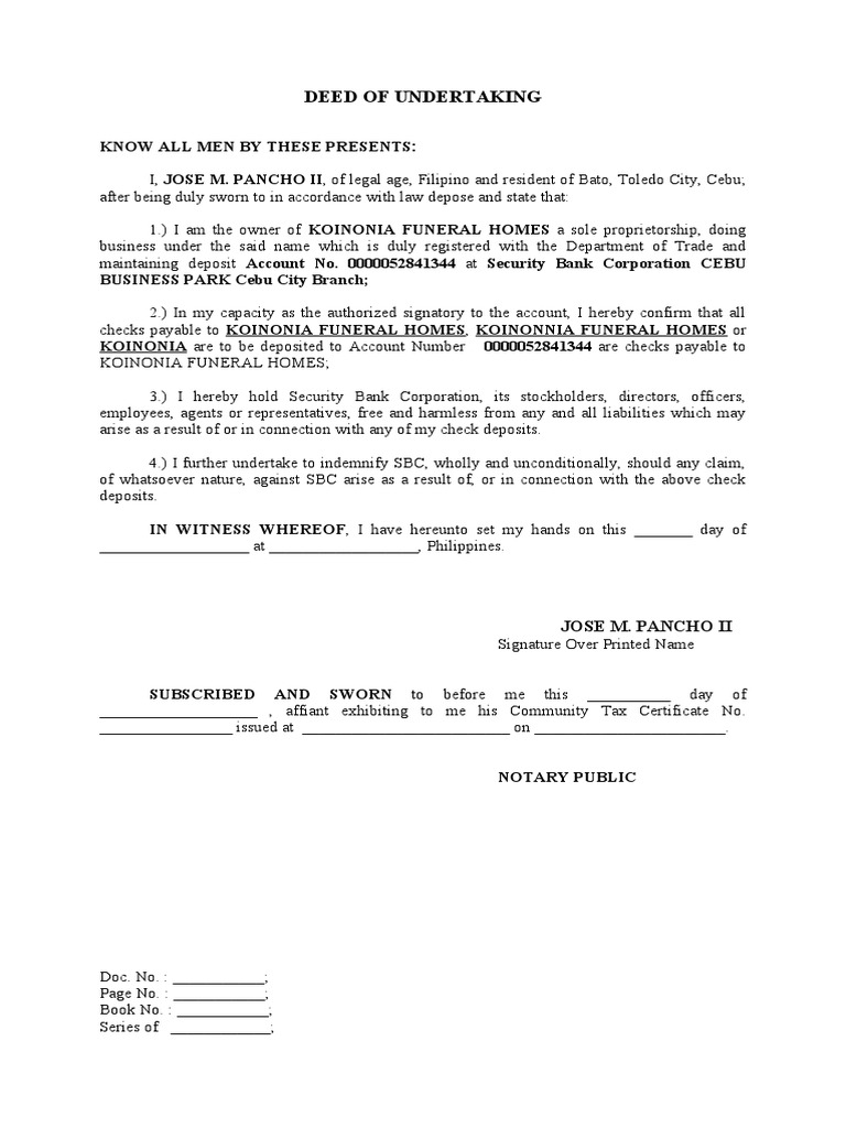 Deed of Undertaking for Funeral Home Bank Account | PDF