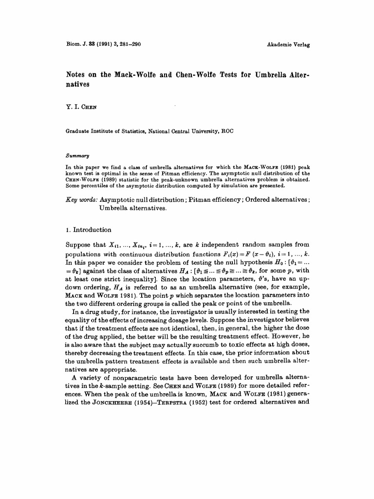 Biometrical J - 1991 - Chen - Notes on the Mack‐Wolfe and Chen‐Wolfe ...