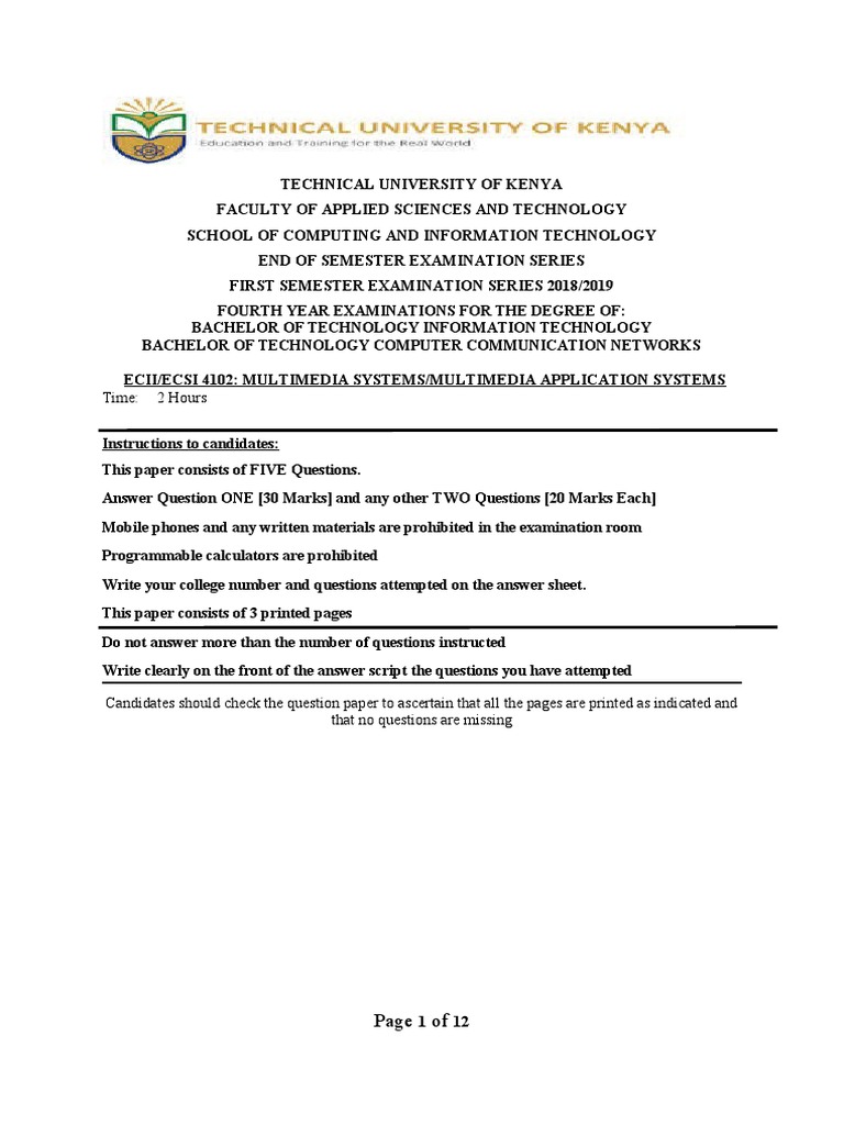 Ecii-Ecci 4102 Dec 2018 Multimedia Exam-Luke | PDF | Data Compression | Sampling (Signal Processing)