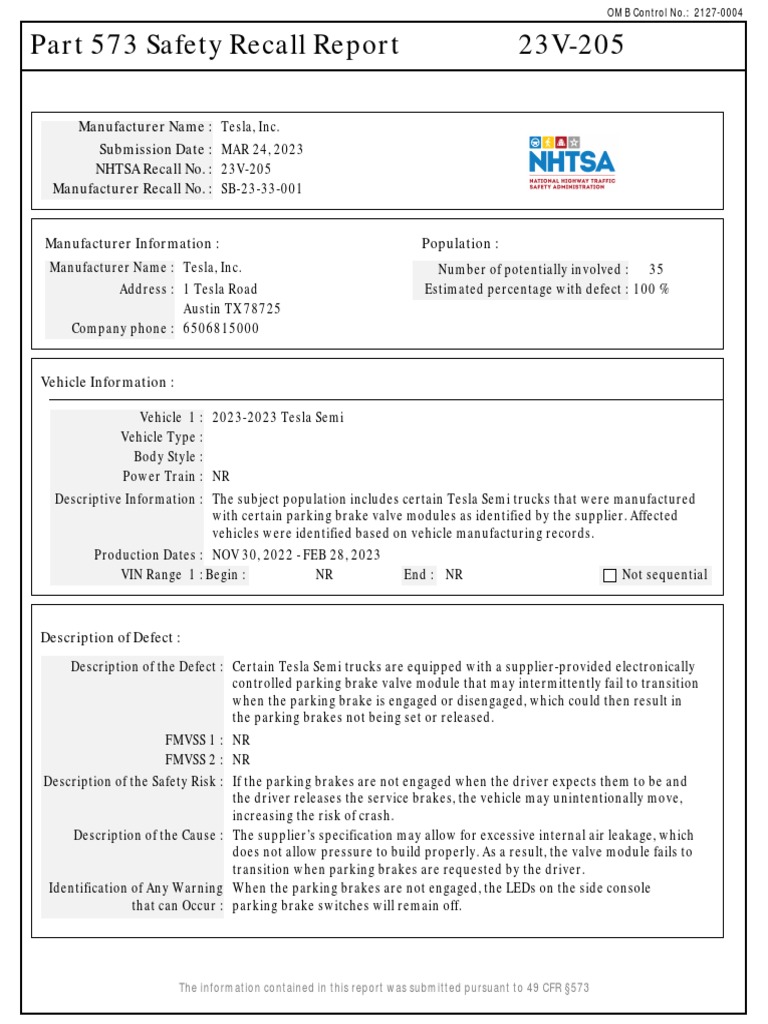 Part 573 Safety Recall Report 23V-205 | PDF | National Highway Traffic ...
