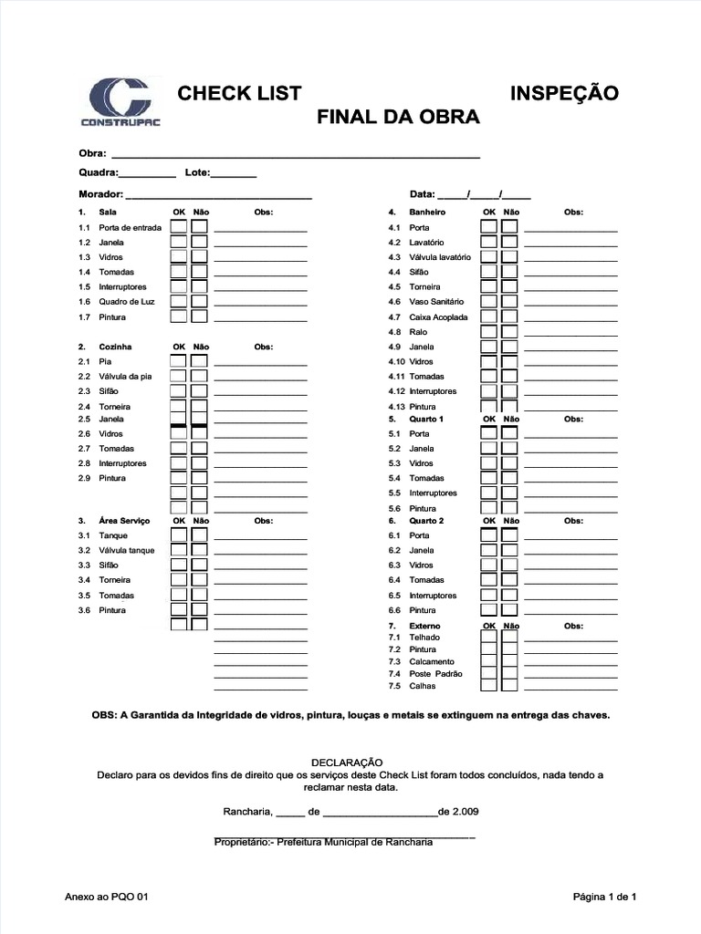PDF Check List Inspeao Final Da Obra - Compress | PDF | Implementos domésticos | Casa