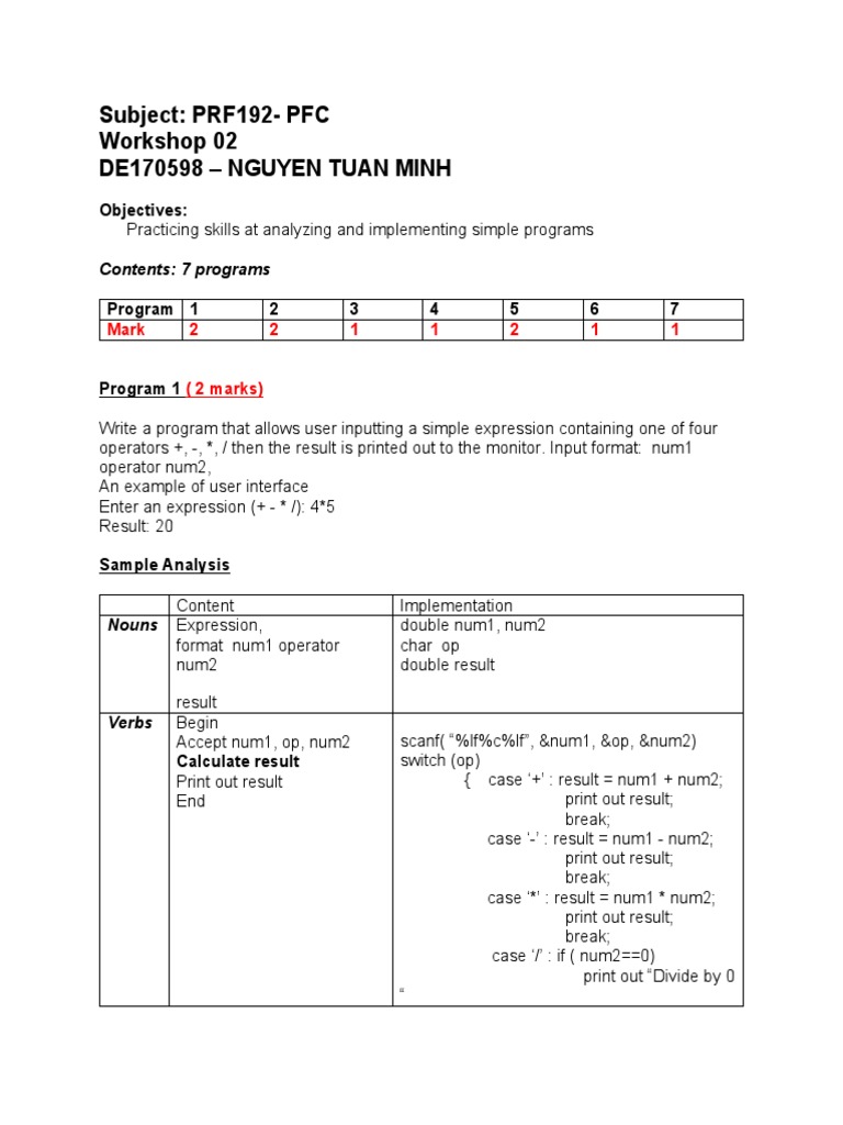 Workshop02 Nguyễn-Tuấn-Minh DE170598 | PDF | Integer (Computer Science) | Algorithms