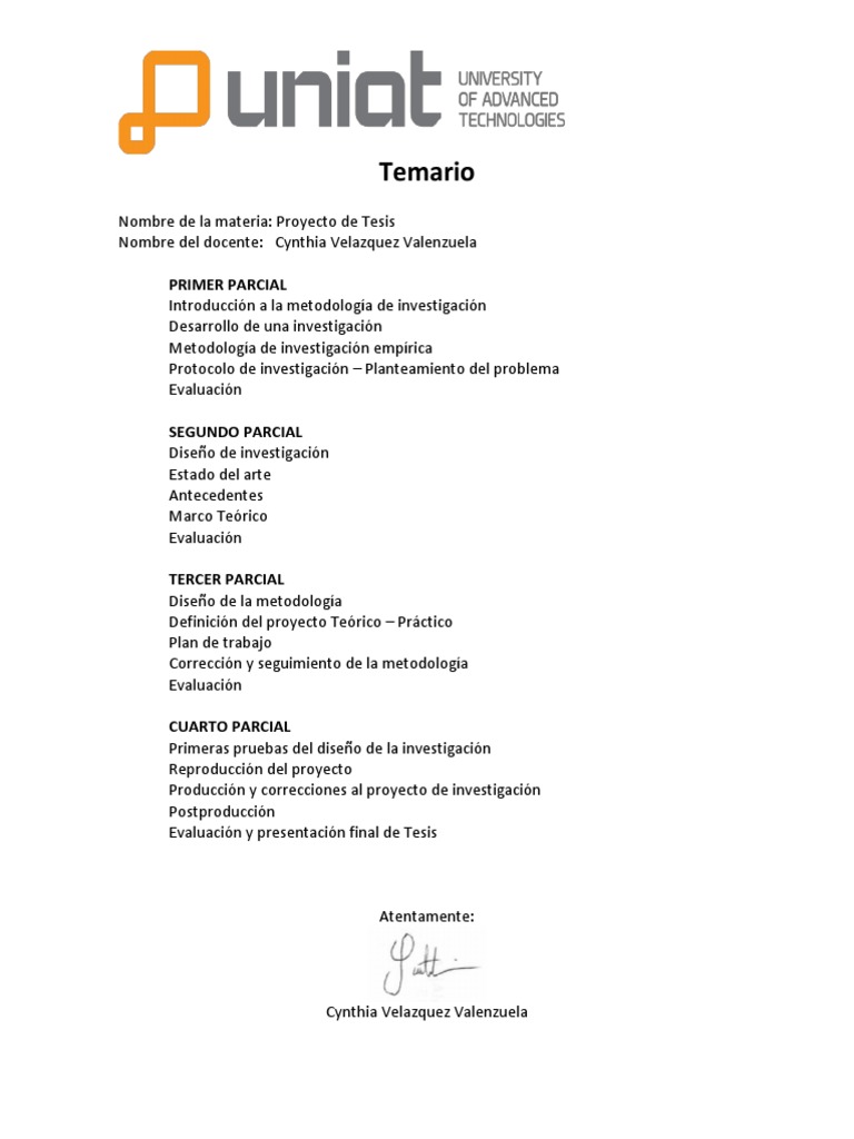 Temario Proyecto de Tesis | PDF