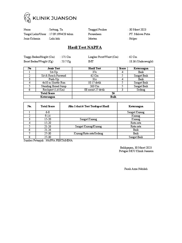 Hasil Test NAPFA | PDF