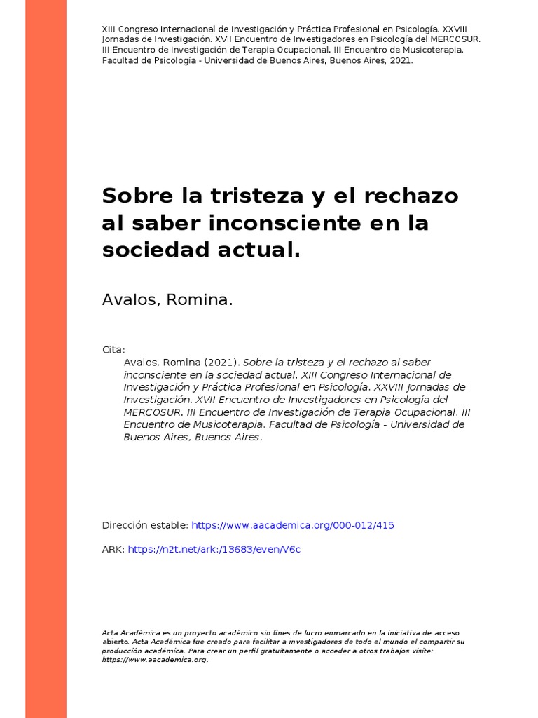 Avalos, Romina (2021) - Sobre La Tristeza y El Rechazo Al Saber Inconsciente en La Sociedad ...