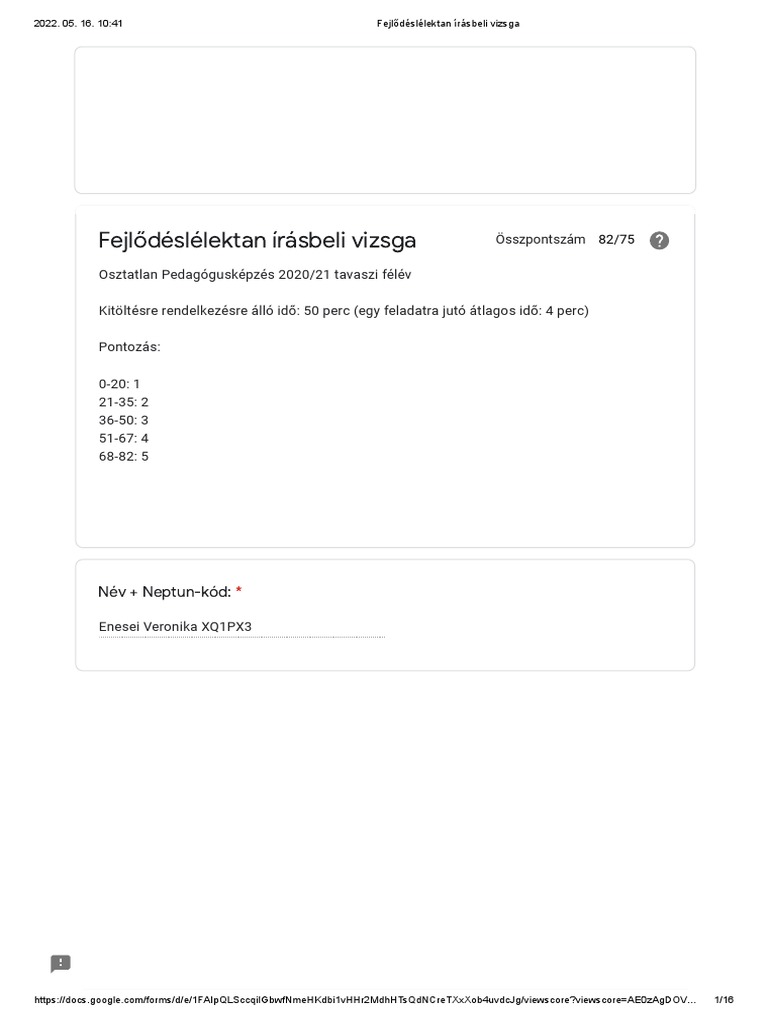 Fejlődéslélektan Írásbeli Vizsga - Megoldás | PDF