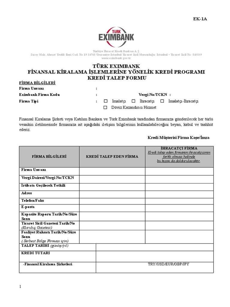 Türk Eximbank Finansal Kiralama İşlemlerine Yönelik Kredi Programi Kredi Talep Formu | PDF