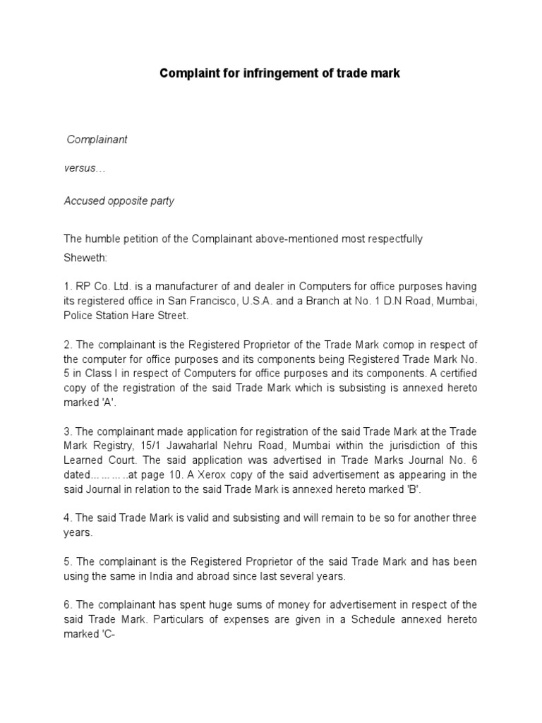 Complaint For Infringement of Trade Mark | PDF | Trademark | Crimes