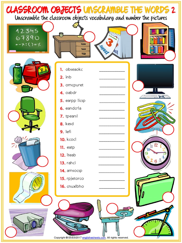 Classroom Objects Vocabulary Esl Unscramble The Words Worksheets For ...
