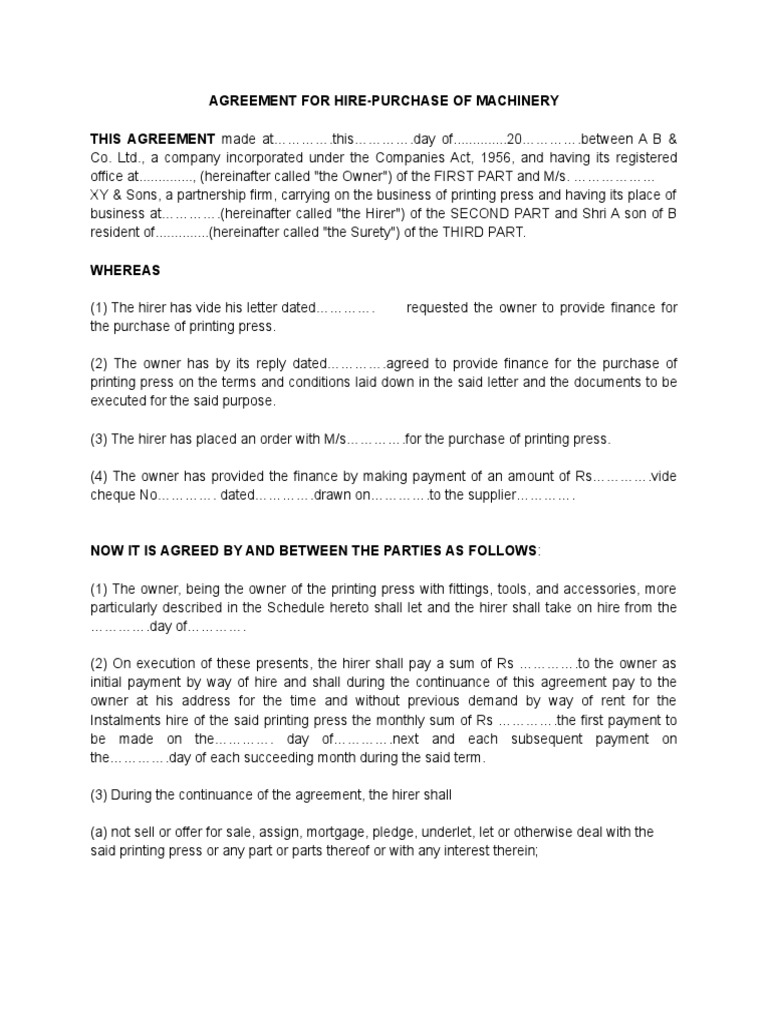 Agreement For Hire-Purchase of Machinery | PDF | Insurance | Repossession