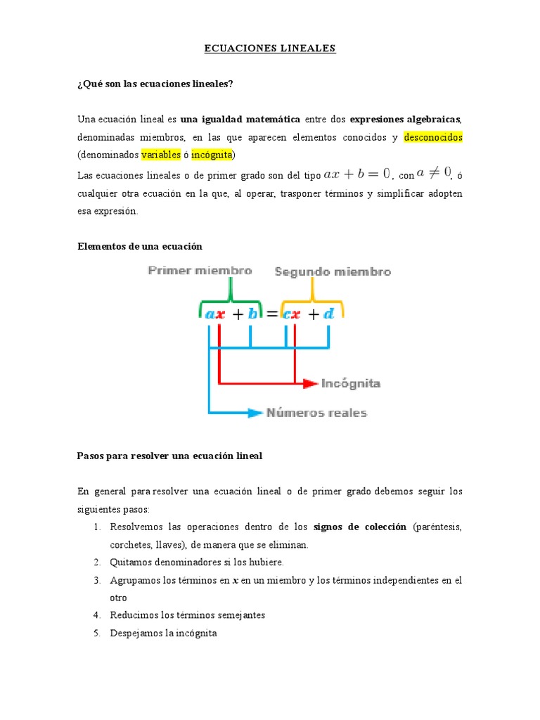 1 ECUACIONES LINEALES (Tema1) | PDF | Ecuaciones | Fórmula