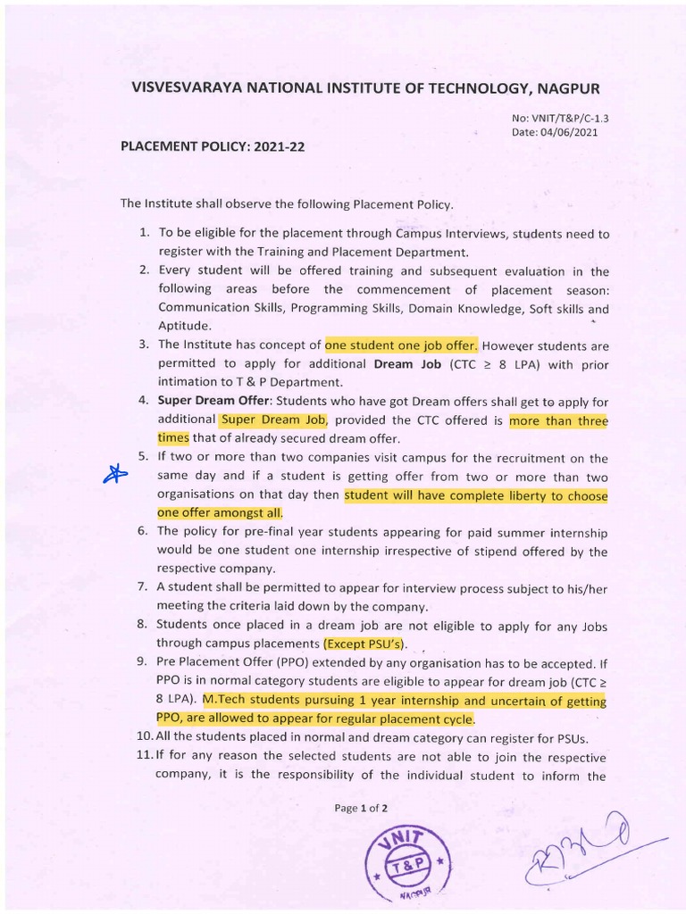 VNIT Placement-Policy-2021-22 | PDF