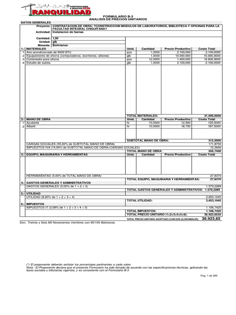 Formulario B-2 Analisis de Precios Unitarios: Total Precio Unitario Adoptado (Con Dos (2 ...