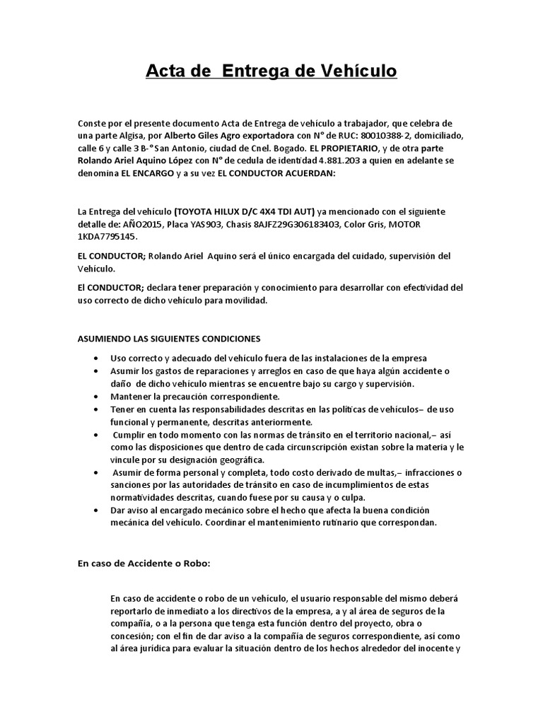 Acta de Entrega de Vehículo | PDF
