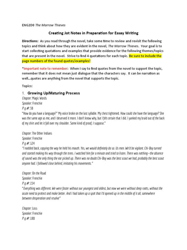 ENG2D0 The Marrow Thieves Note Taking | PDF