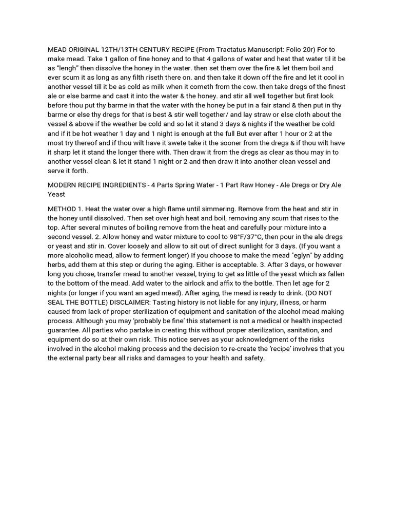 Authentic Medieval Mead Recipe | PDF | Fermented Drinks | Food And Drink