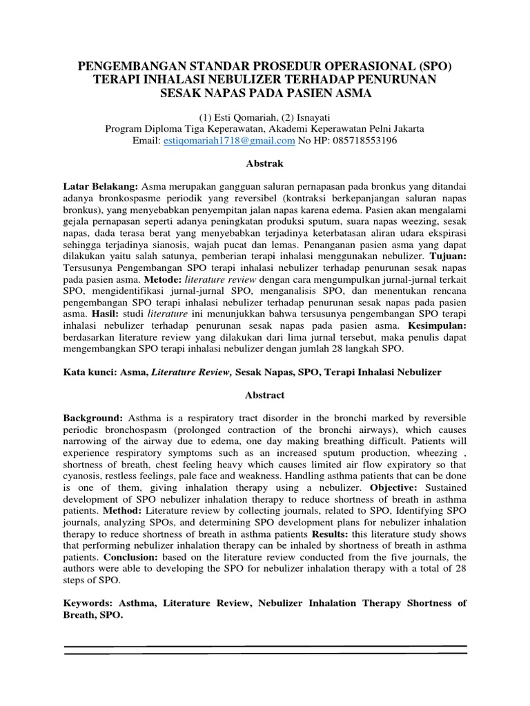 Pengembangan Standar Prosedur Operasional (Spo) Terapi Inhalasi ...