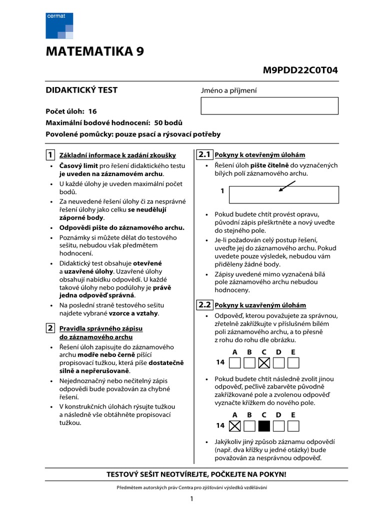 Matematika 9: Didaktický Test | PDF
