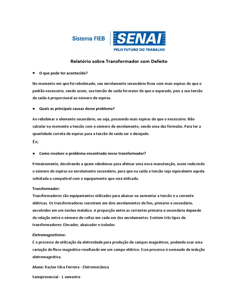 Relatório Sobre Transformador Com Defeito | PDF
