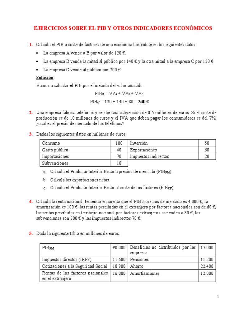 Ejercicios Sobre El Pib Y Otros Indicadores Económicos: Solución | PDF | Producto Interno Bruto ...