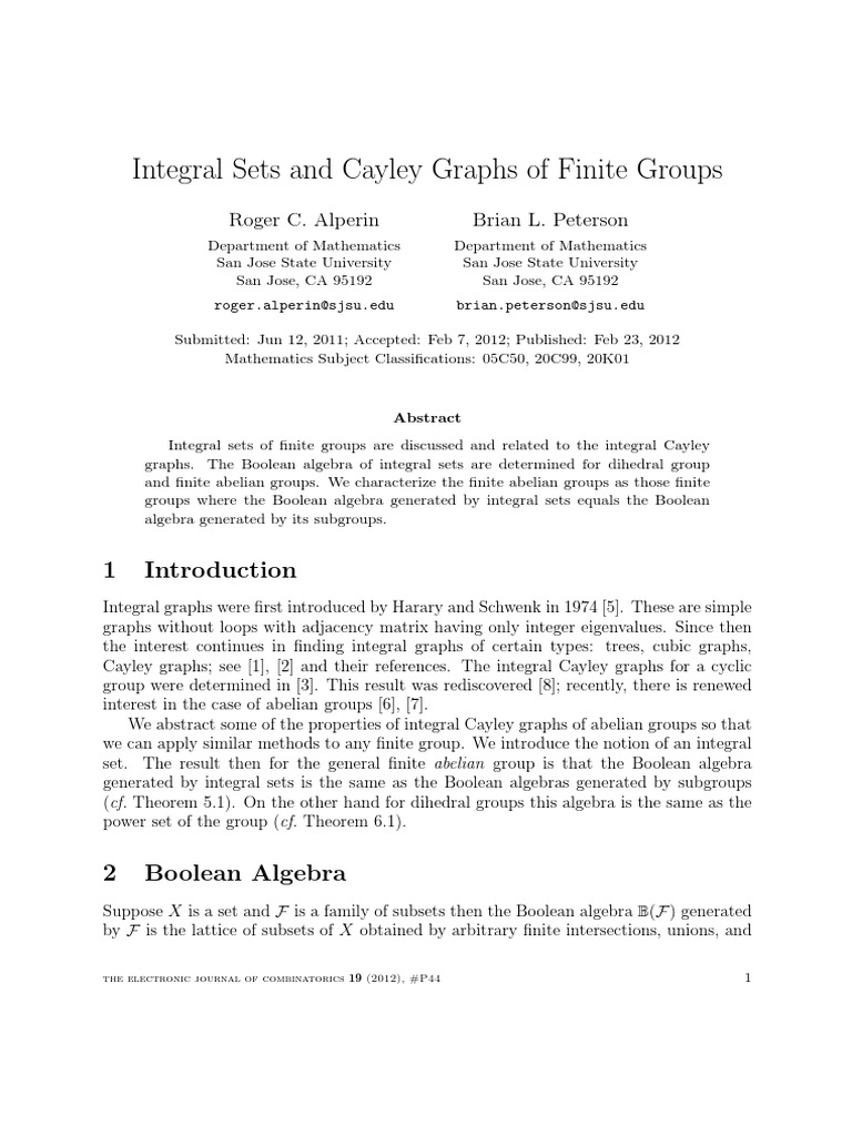 Integral Sets and Cayley Graphs of Finite Groups: Roger C. Alperin ...