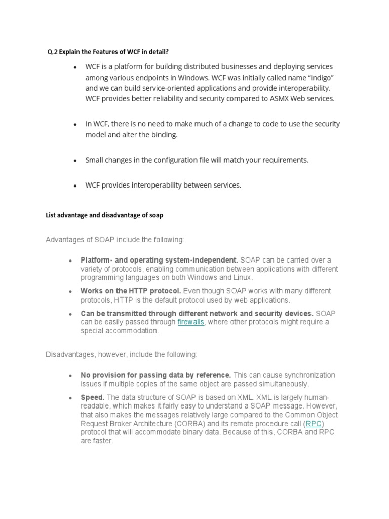 Q.2 Explain The Features of WCF in Detail?: List Advantage and Disadvantage of Soap | PDF | Soap ...