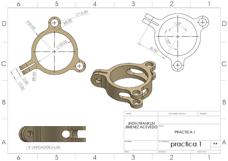 Plano de ensamblaje isométrico con cotas y ángulos para práctica 1 | PDF