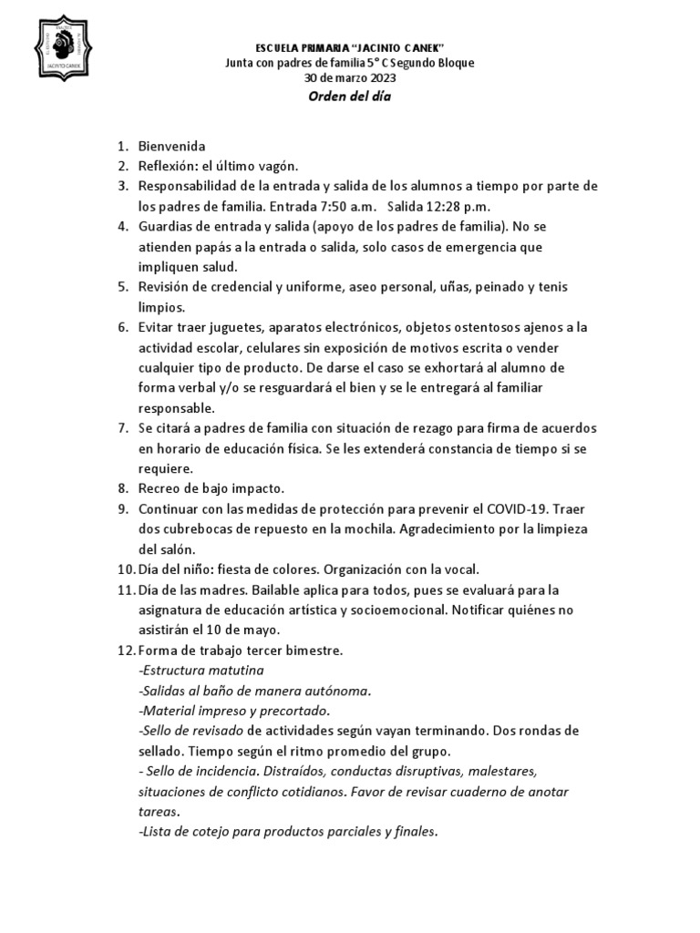 Orden Del Día: Junta Con Padres de Familia 5° C Segundo Bloque 30 de ...