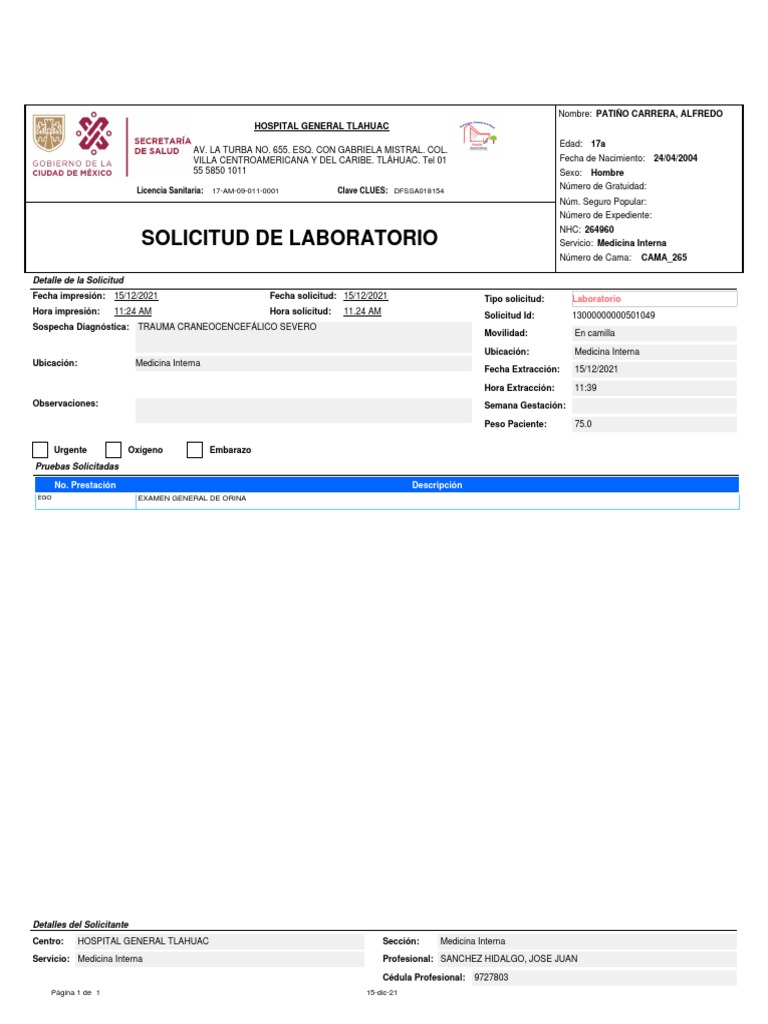 Solicitud de Laboratorio: Licencia Sanitaria: Clave CLUES | PDF | Medicina CLINICA ...
