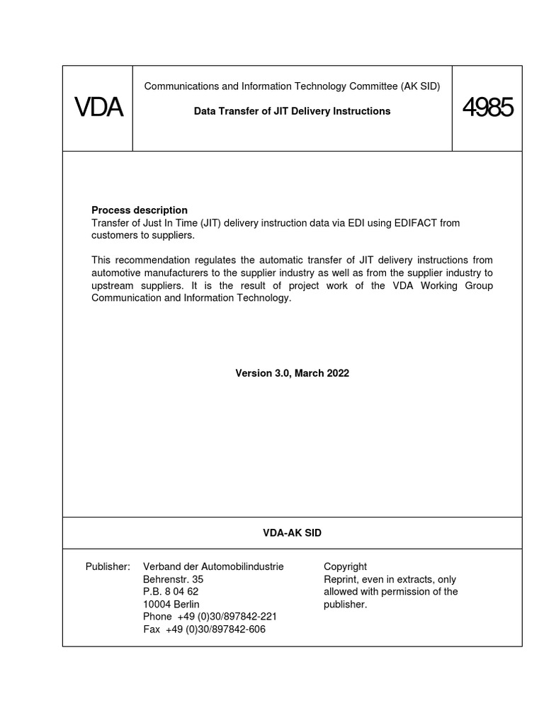 VDA 4985 Just in Time JIT Delivery Instructions V3p0 2022 03 | PDF ...