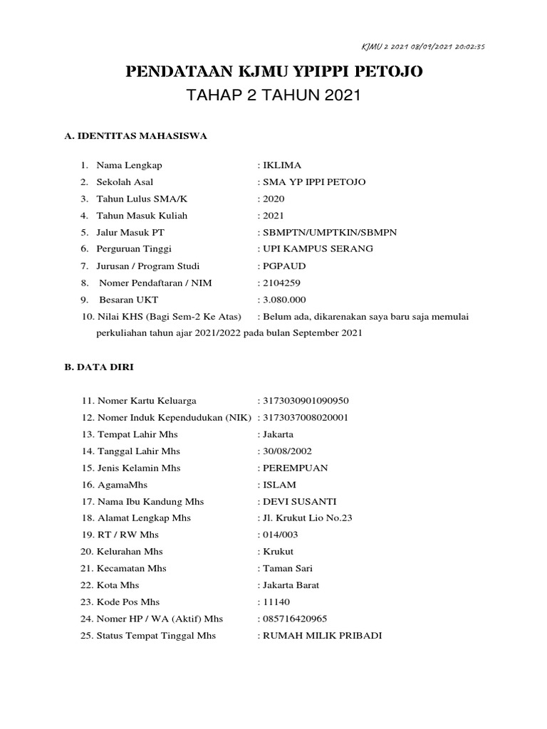 Pendataan Kjmu Ypippi Petojo: Tahap 2 Tahun 2021 | PDF