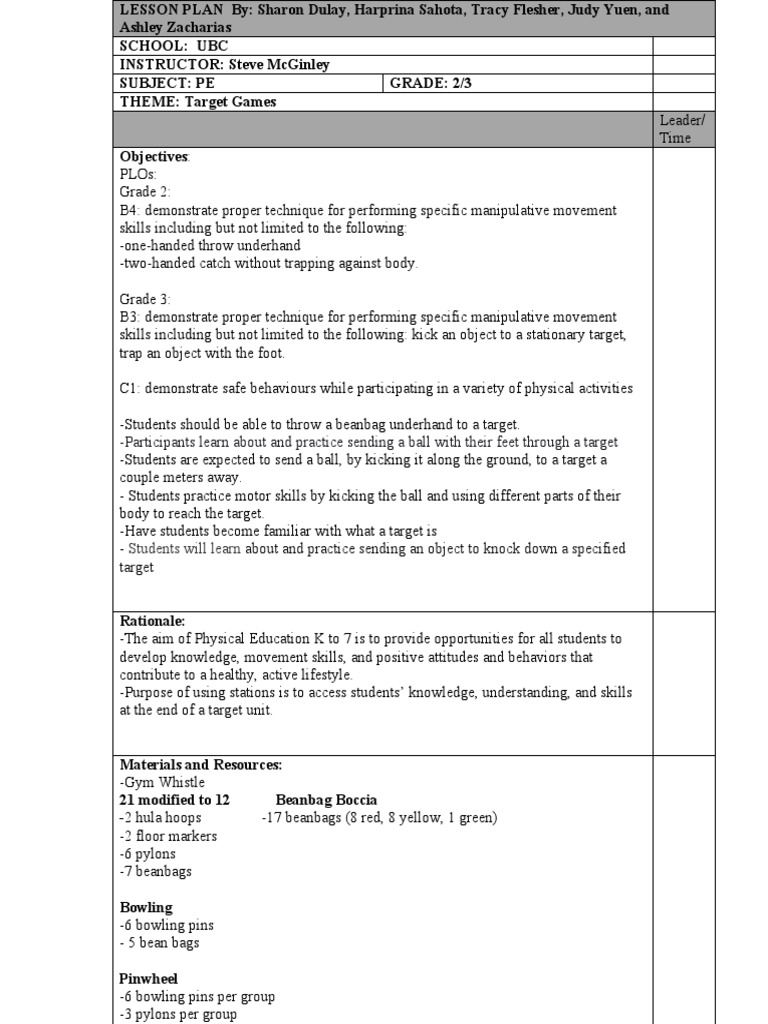 PE Lesson Plan Target Games | PDF | Cognitive Science | Learning