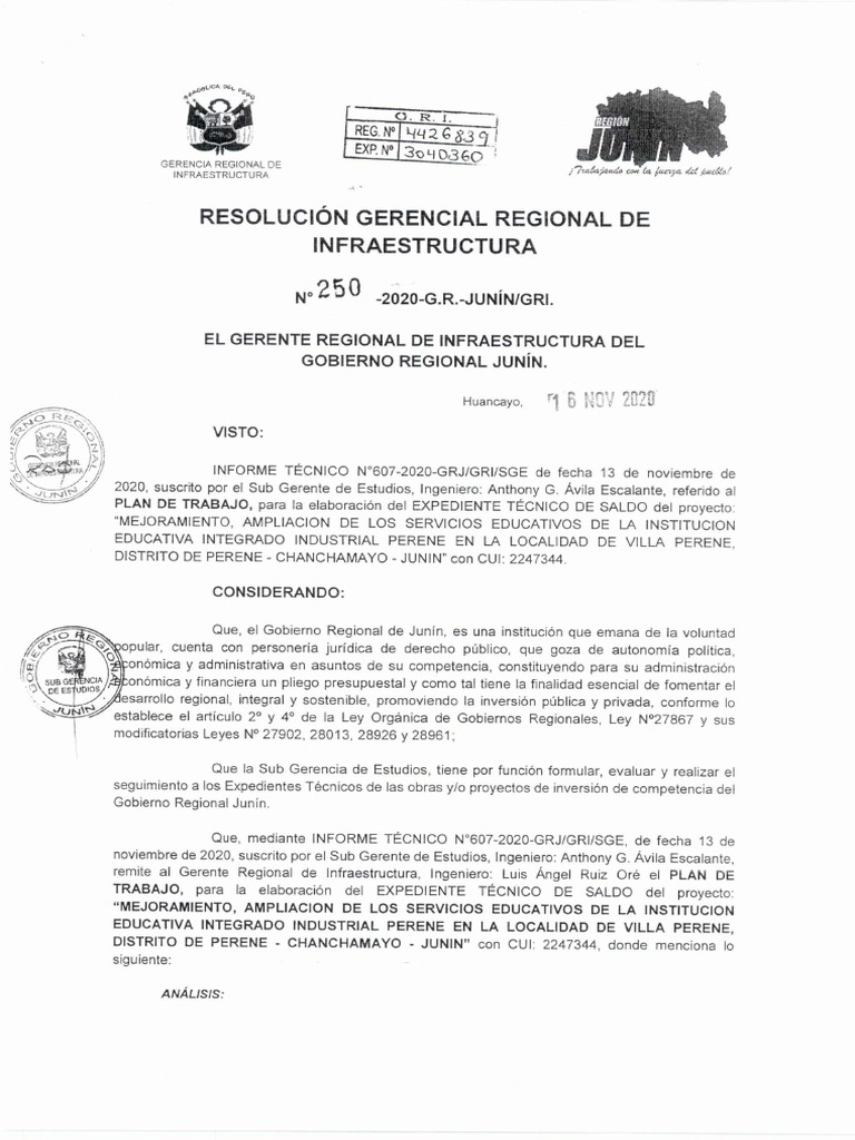 Resolución Gerencial Regional de Infraestructura: #-2020-G.R.-JUNÍN/GRI | Descargar gratis PDF ...