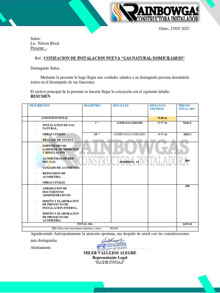 Lic - Nelson Block Cotizacion | PDF | Tecnologías de gas