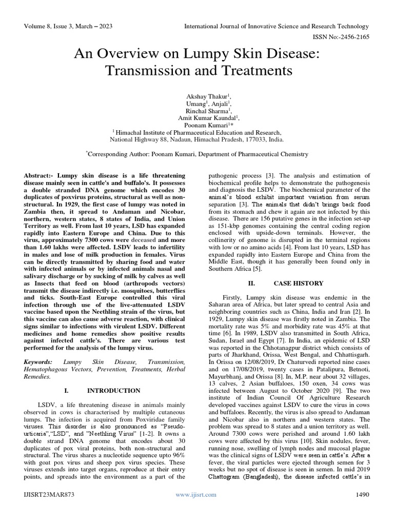 An Overview On Lumpy Skin Disease Transmission and Treatments | PDF | Science & Mathematics