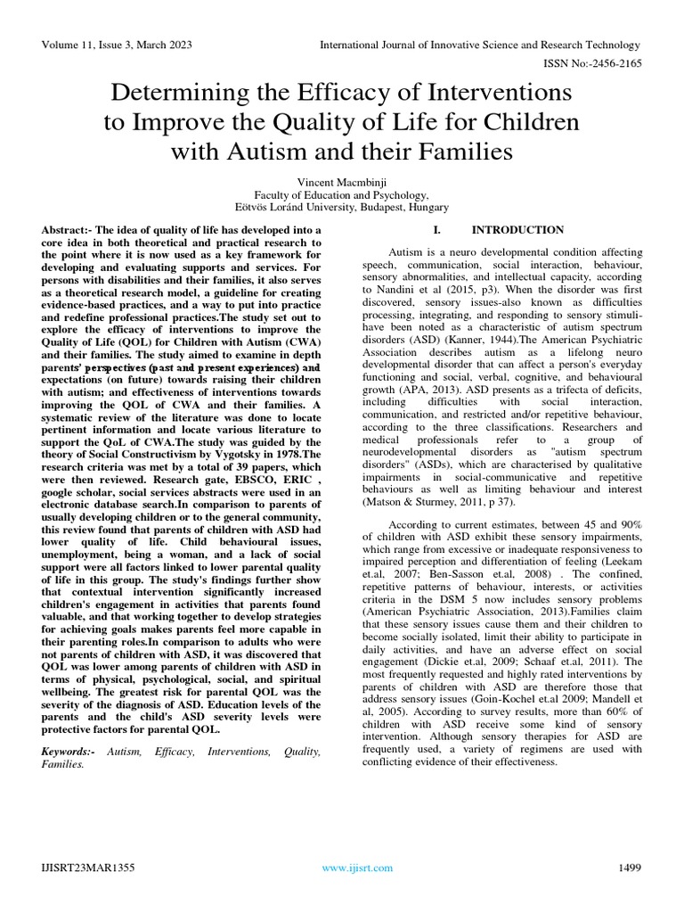 Determining The Efficacy of Interventions To Improve The Quality of Life For Children With ...
