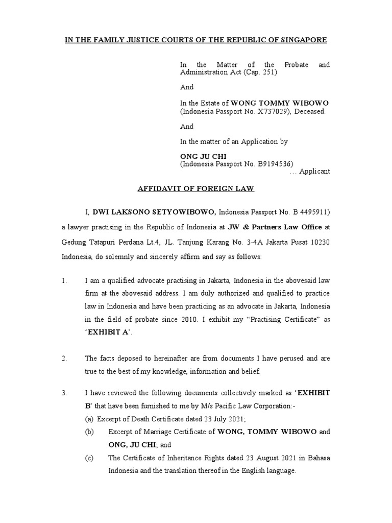 Affidavit of Foreign Law (Specimen) | PDF | Probate | Will And Testament