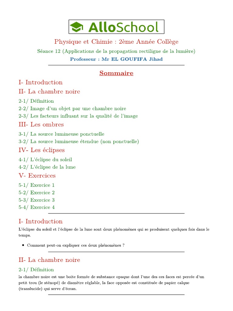 Seance 12 Applications de La Propagation Rectiligne de La Lumiere 2 | PDF