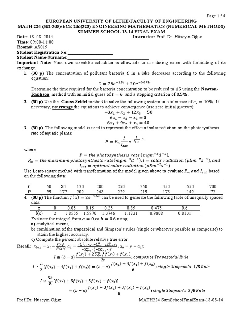 MATH224 (302) EngMaths (NumMeth) - Sum13 14FinalExam - 18 08 14 | PDF | Least Squares ...