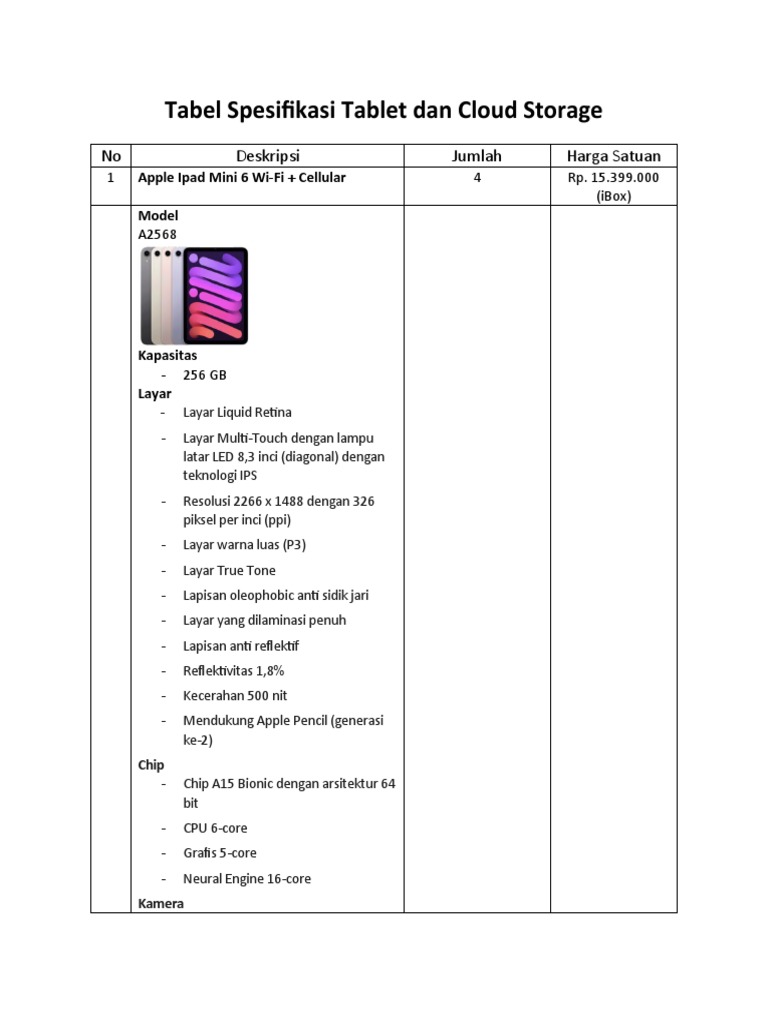 Tabel Spesifikasi Tablet Dan Cloud Storage | PDF | Komputer
