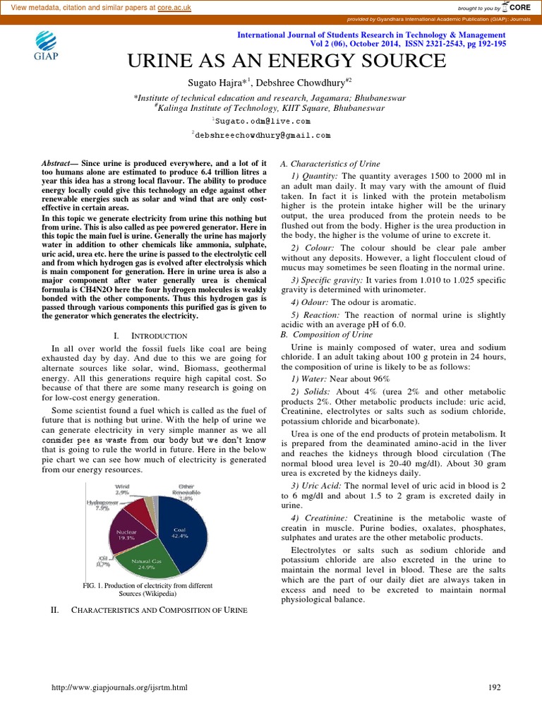Urine As An Energy Source: Sugato Hajra, Debshree Chowdhury | PDF ...