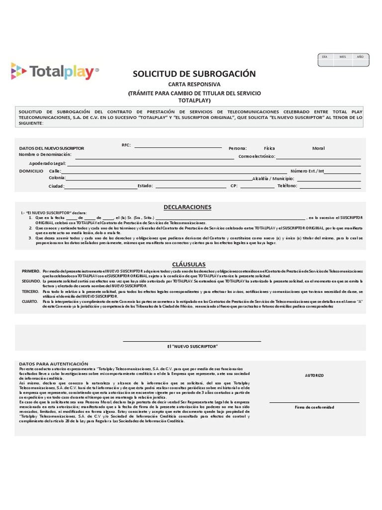 Solicitud de Subrogación: Carta Responsiva (Trámite para Cambio de ...