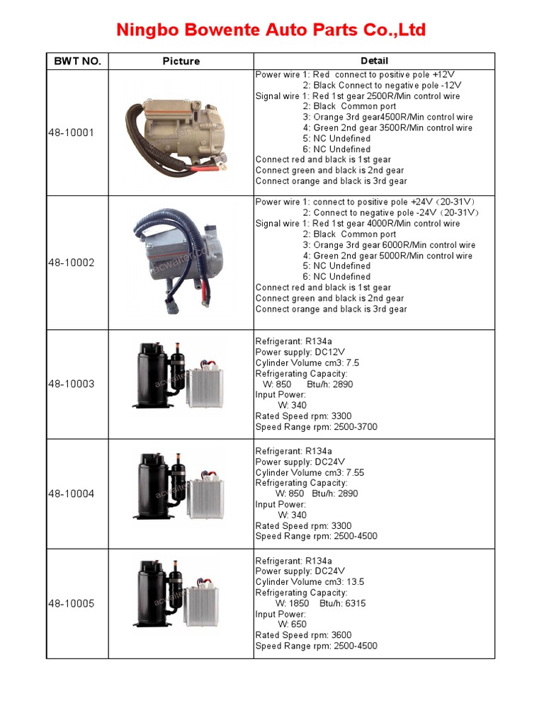 Specifications and wiring diagrams for a range of automotive air ...