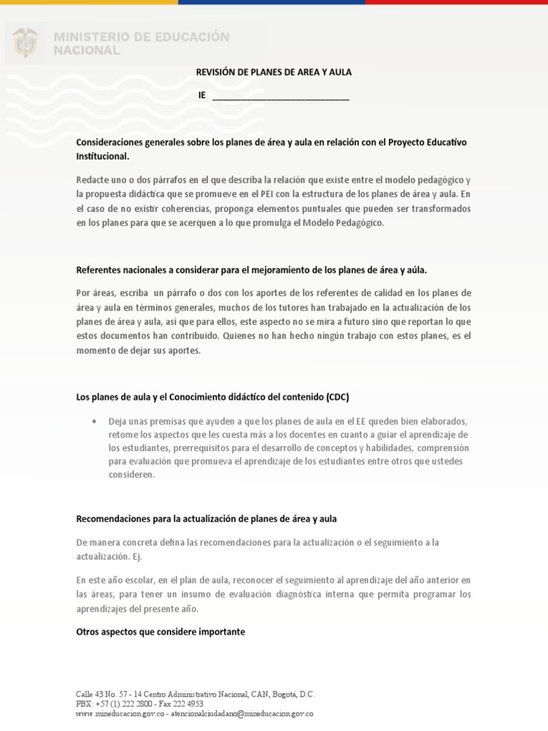 Revisión de Planes de Area y Aula, Doc - Word Pta. | PDF