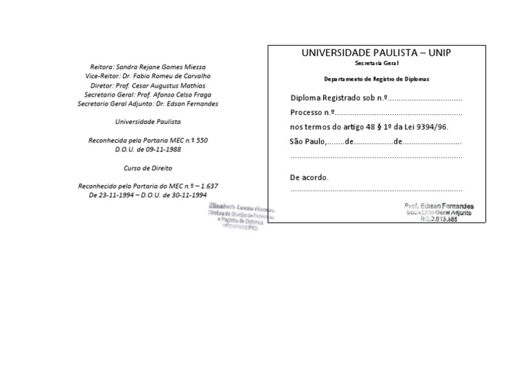 Diploma da UNIP - Curso de Direito | PDF | Ciências e Matemática