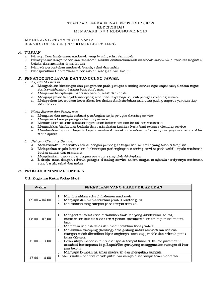 SOP Kebersihan Madrasah MI Ma'arif NU 1 | PDF | Karier & Perkembangan