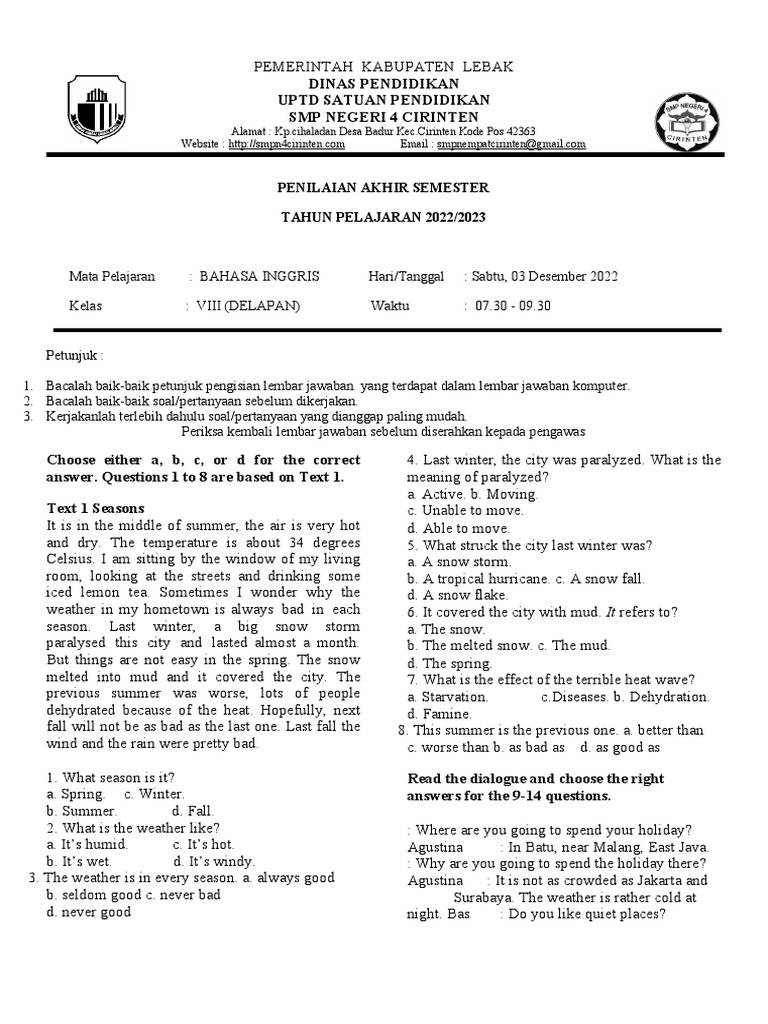 Soal Pas B.ing KLS 8 2022 | PDF | Nature