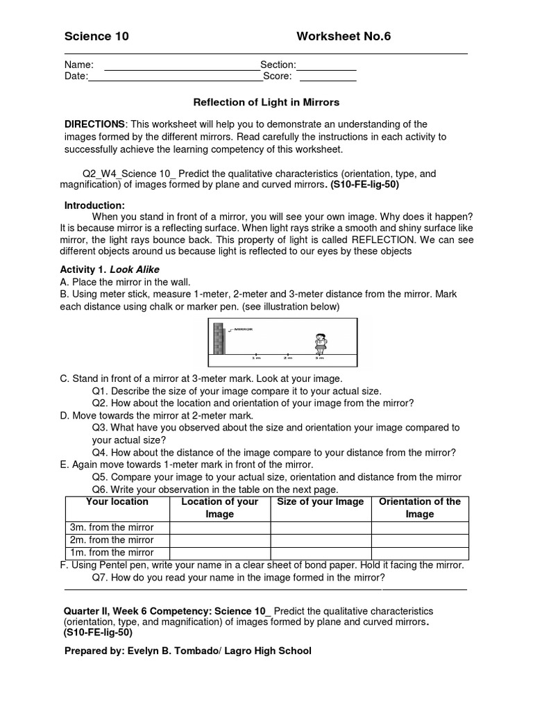 SCIENCE10 - Q2 - Worksheet No 6 - Reflection of Light in A Mirrors | PDF | Mirror | Atomic