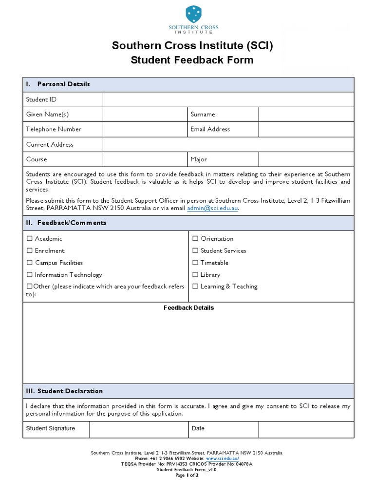 Southern Cross Institute Feedback Form | PDF